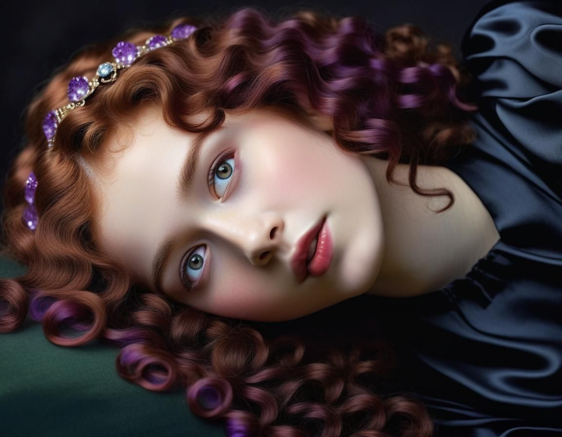 Beautiful princess with red-violet-brown ringlets hair, light brown ...