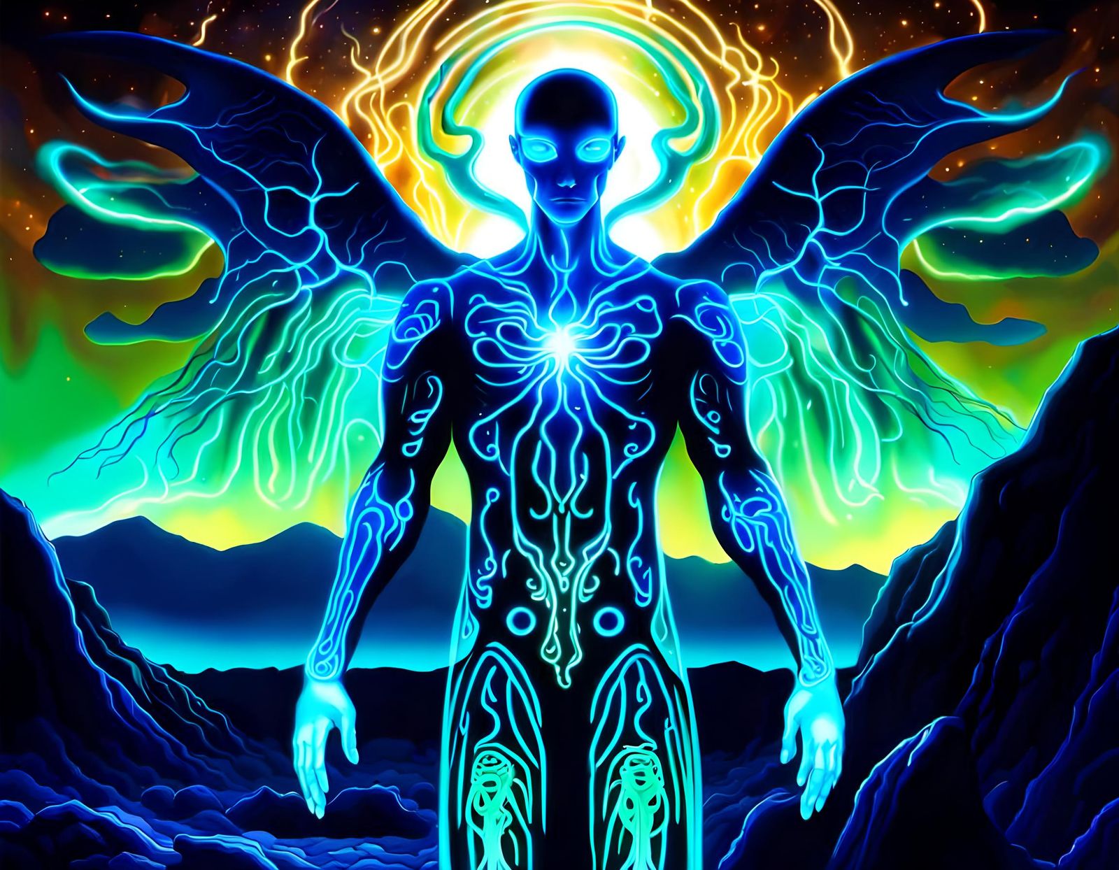 An angel with translucent bioluminescent skin majestically rises from ...