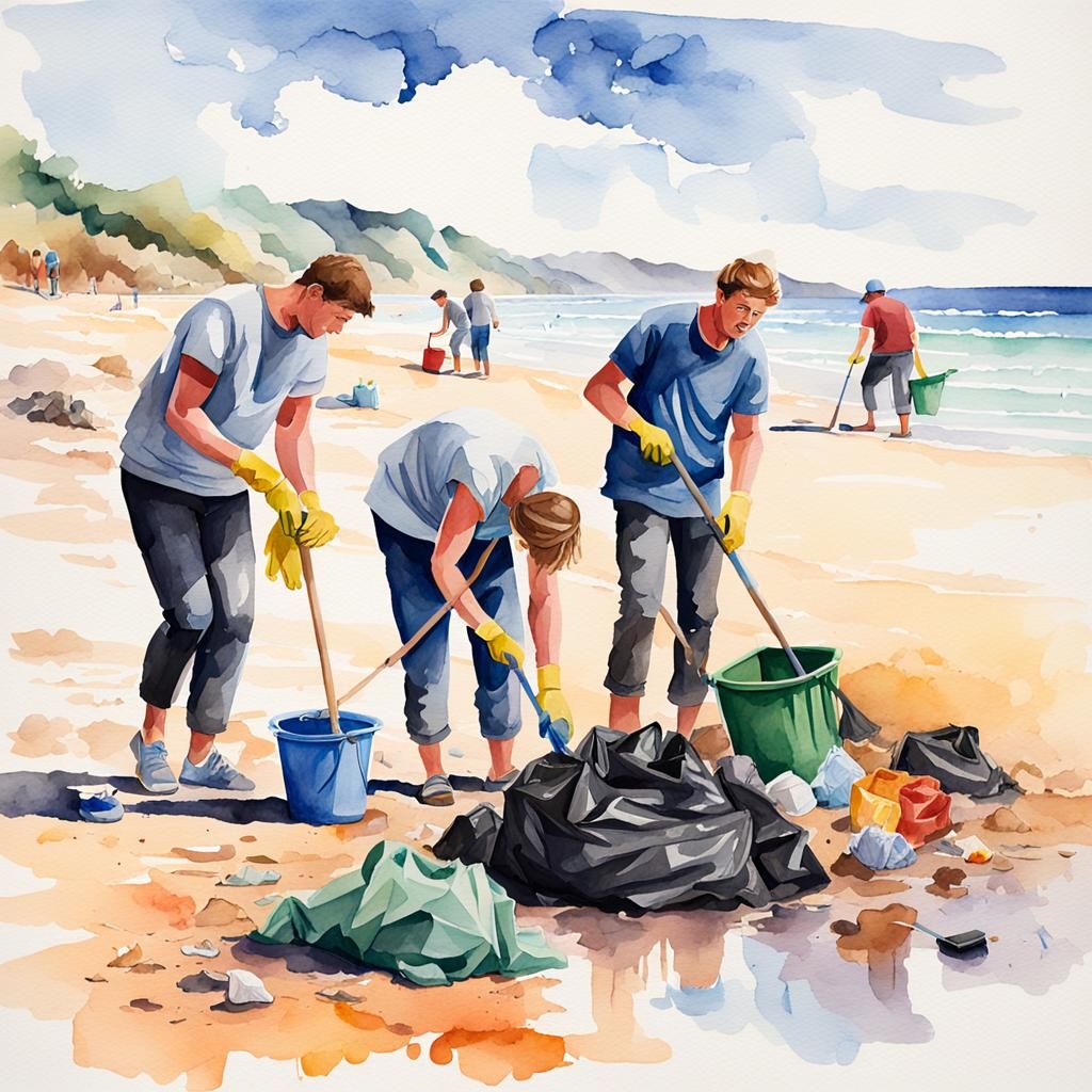 Watercolour of a group of people cleaning rubbish of a beach, in the ...