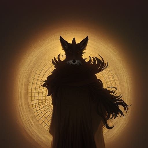 The hairy fox man grim reaper, shadows, horror, glowing lights ...