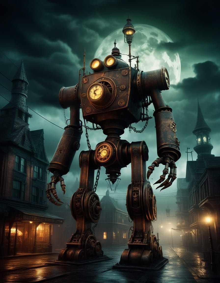 Ancient Steampunk Robot Towers Over a Foggy Keep - AI Art