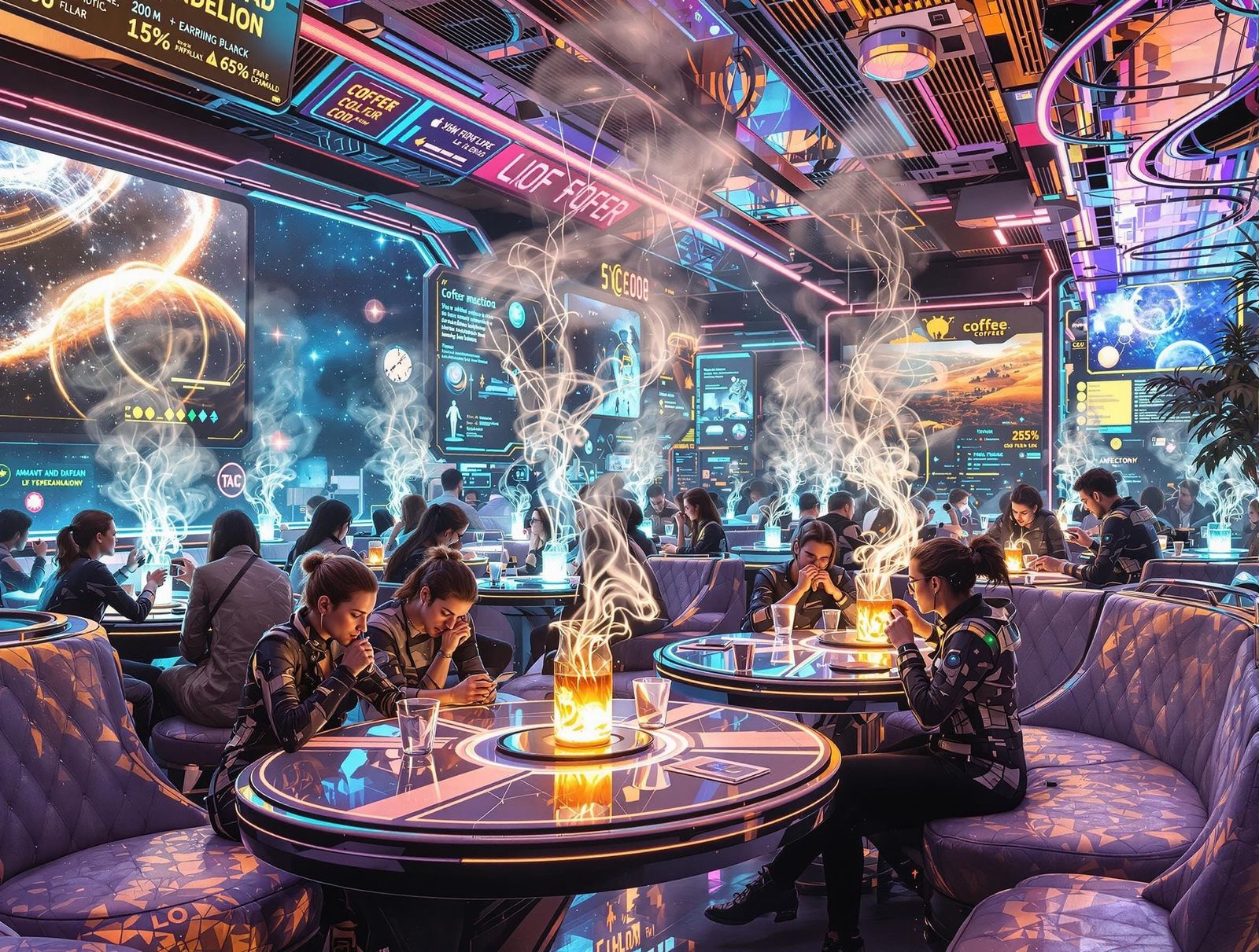 Photorealistic picture of a science fiction coffee shop. Neon signs hum ...