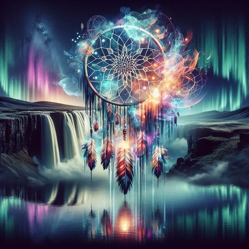 double exposure, big dream catcher with Indian motif superimposed in a ...