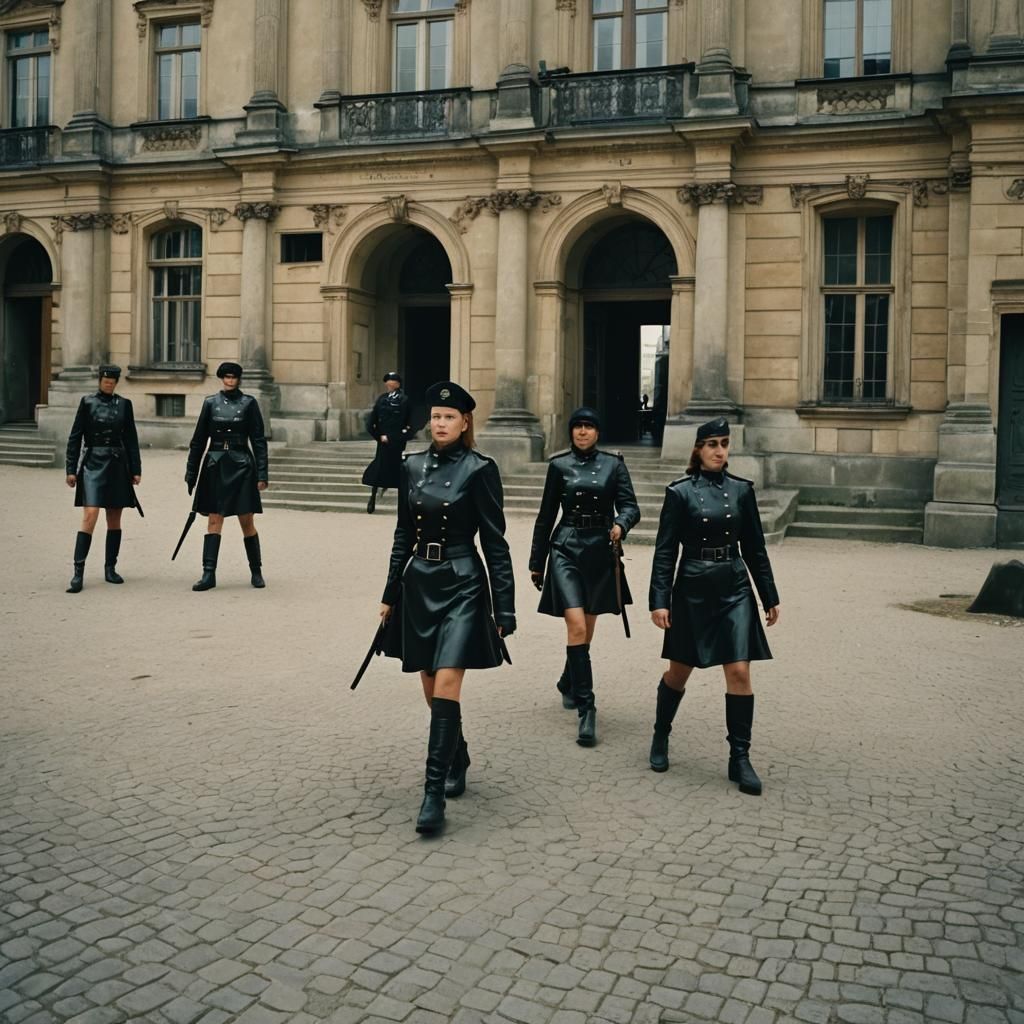 Eight heavily armed female prison guards wearing black leather, short ...