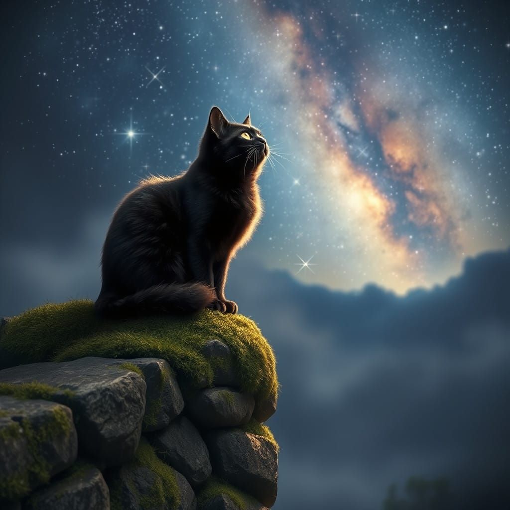 Black cat star gazing - Whiskered Feline in Starry Night Sky...