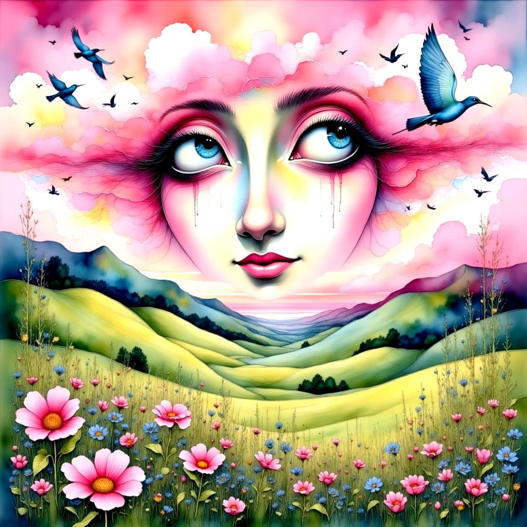 Surreal Portrait in a Vibrant Floral Landscape - AI Art