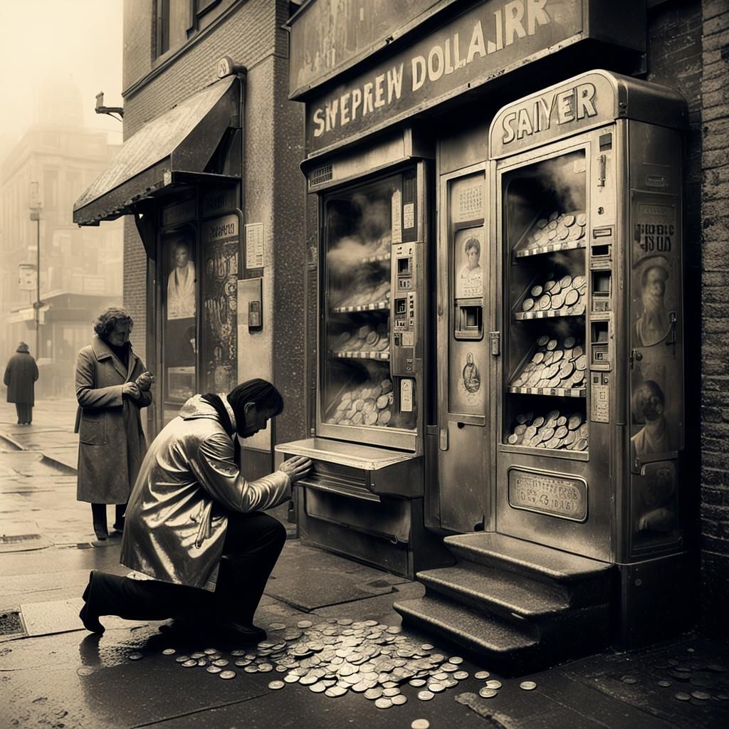 Genuflecting - Man Kneels in Prayer Beside Vending Machine i...