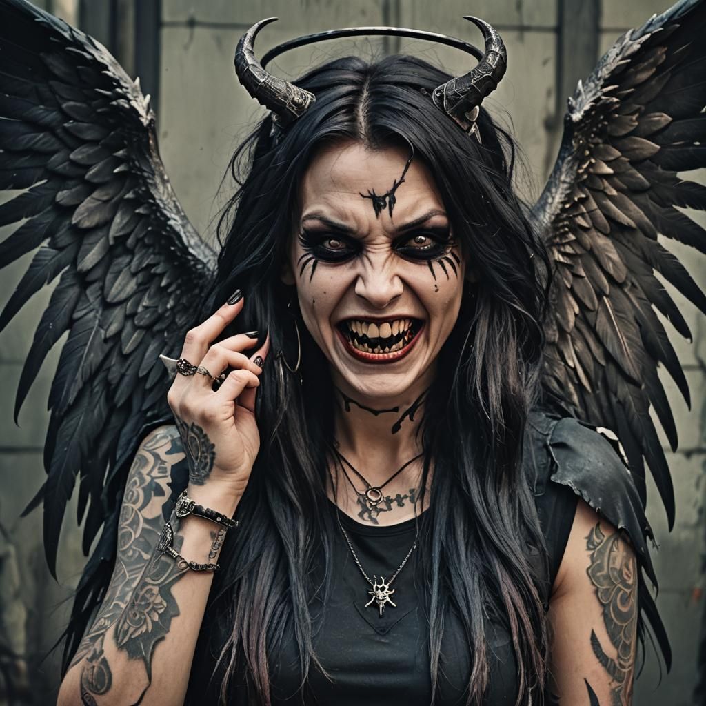 Hateful but smiling demonic emo woman with long dyed hair, tattoos and ...