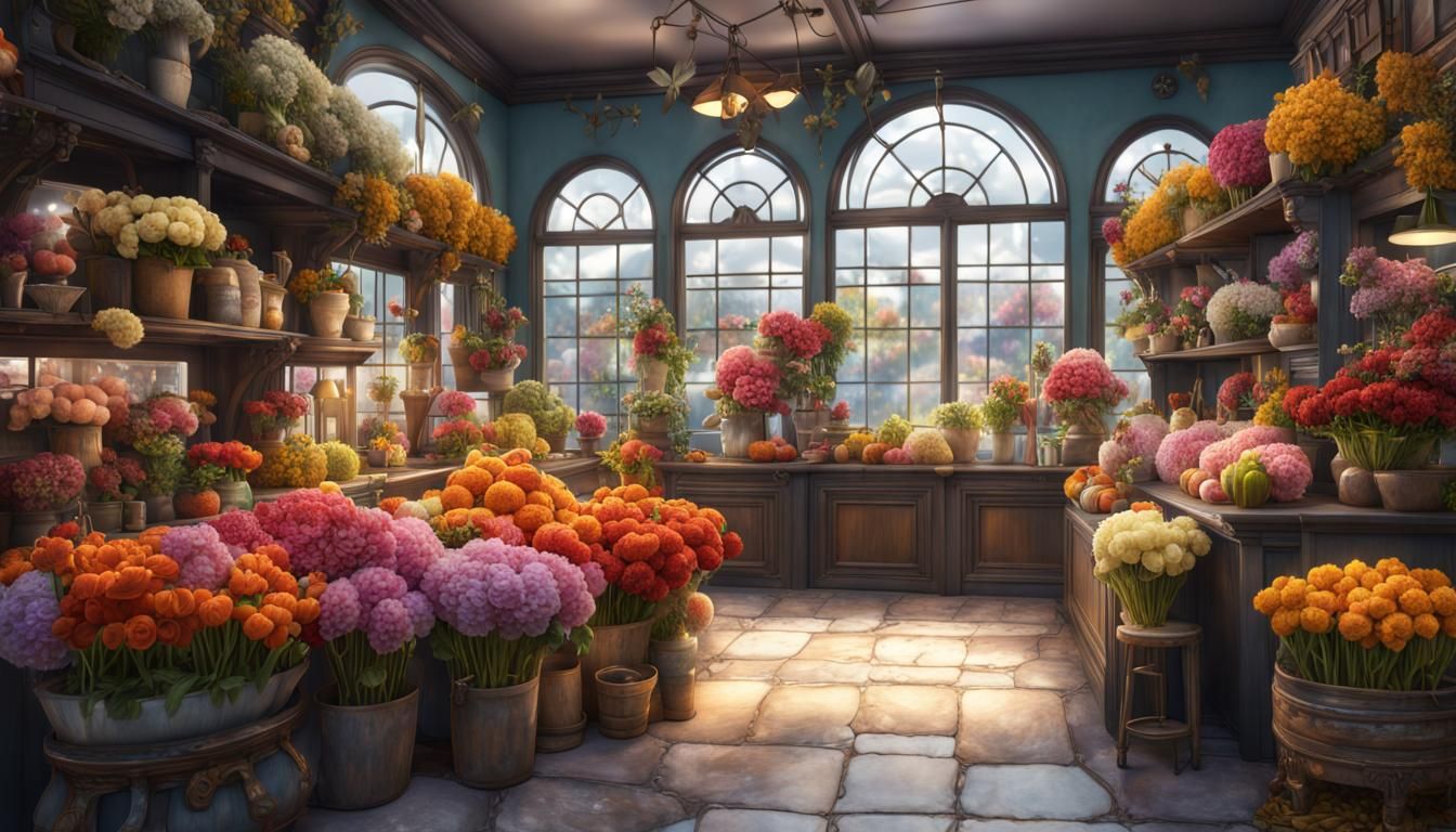 Flower shop Interior design, Many different kind of flower with different colors, Cheerful ...