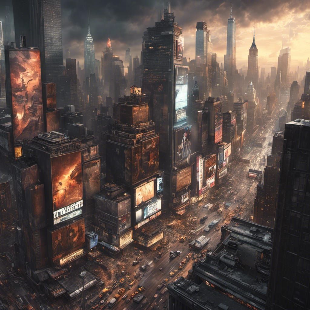 dystopian "time square" new york city. post-apocalyptic radiant ...