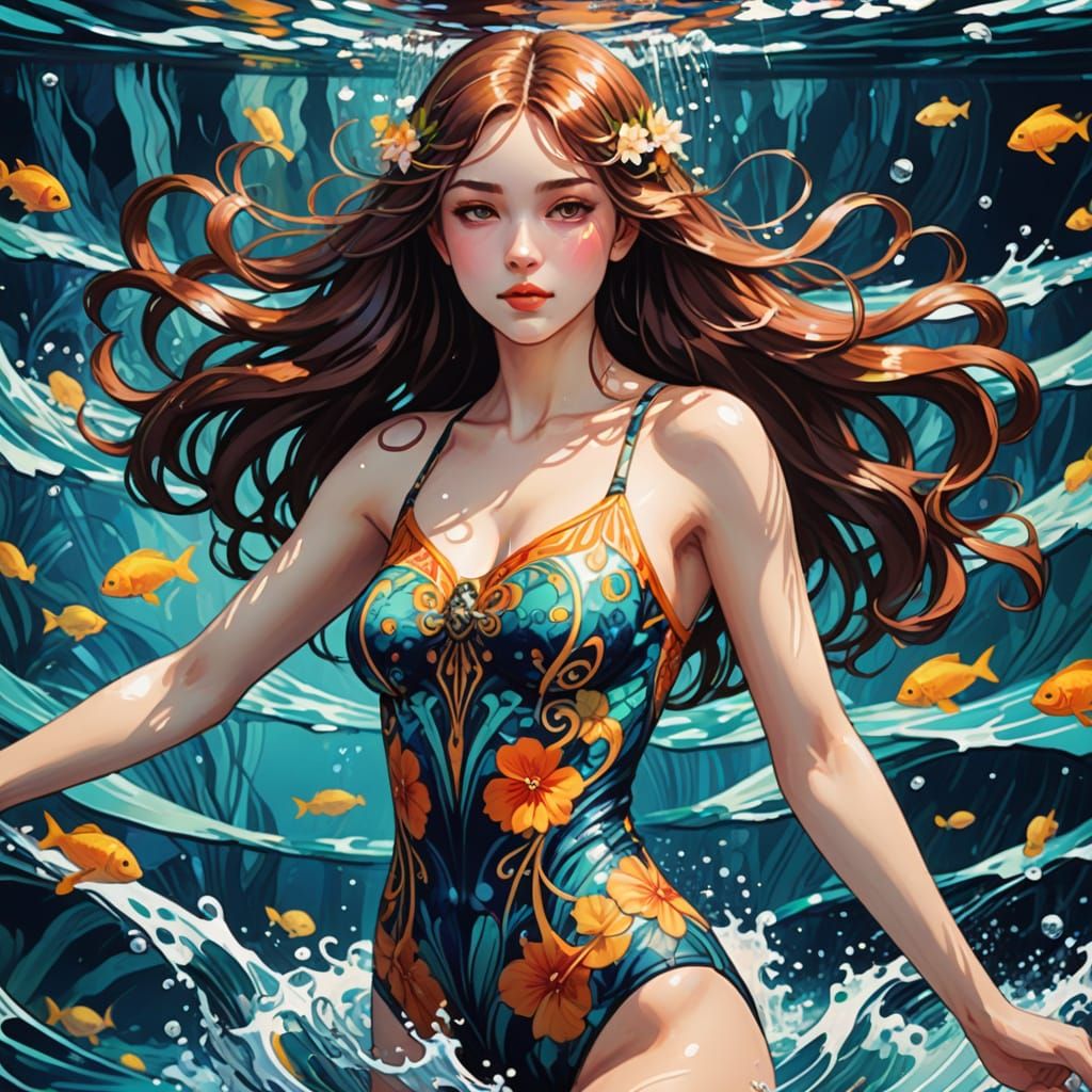 Jugendstil girl swimming - Art Nouveau Girl in Cinematic Swi...