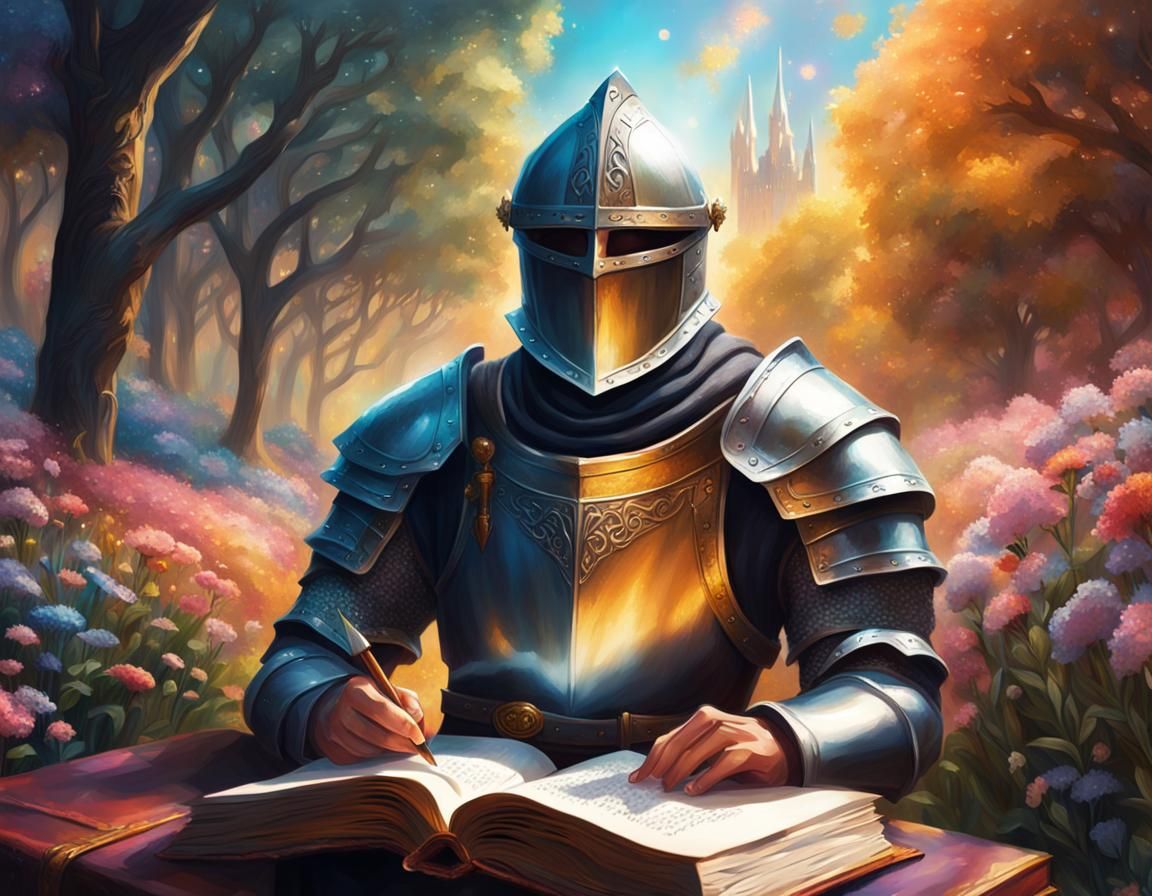Knight Studying - Medieval Knight Studies Enchanted Tome