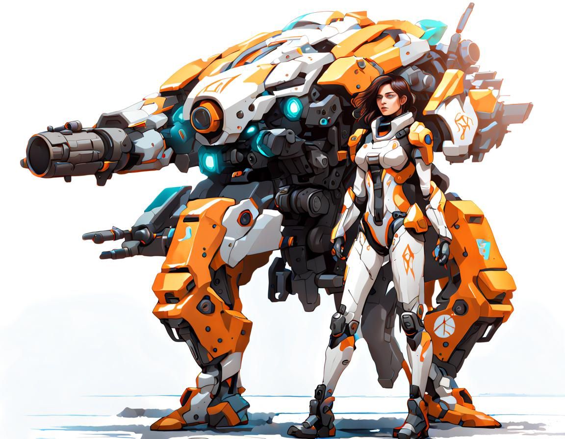 Side profile of female mecha pilot in combat gear posing next to her ...