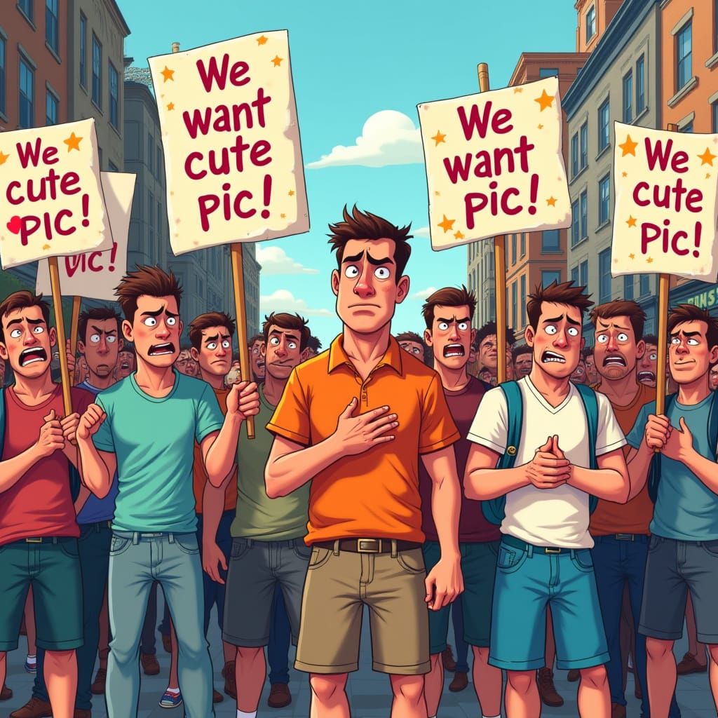 Disgruntled Men Protest for Cute Pictures in Color... - AI Art