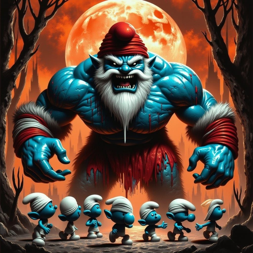 Enormous, angry Smurf, dripping with a viscous substance, towering over ...