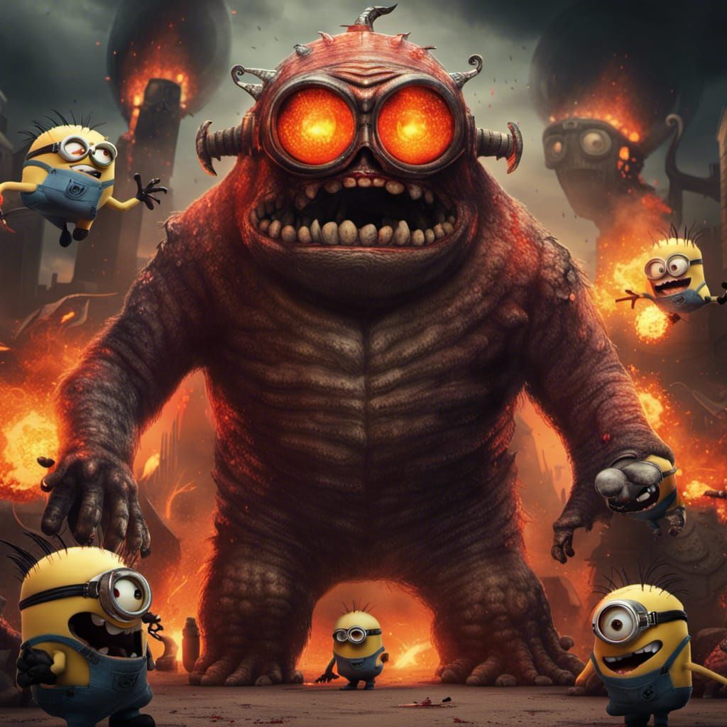 Next level scary monster with fire in his eyes and angry minions - AI ...