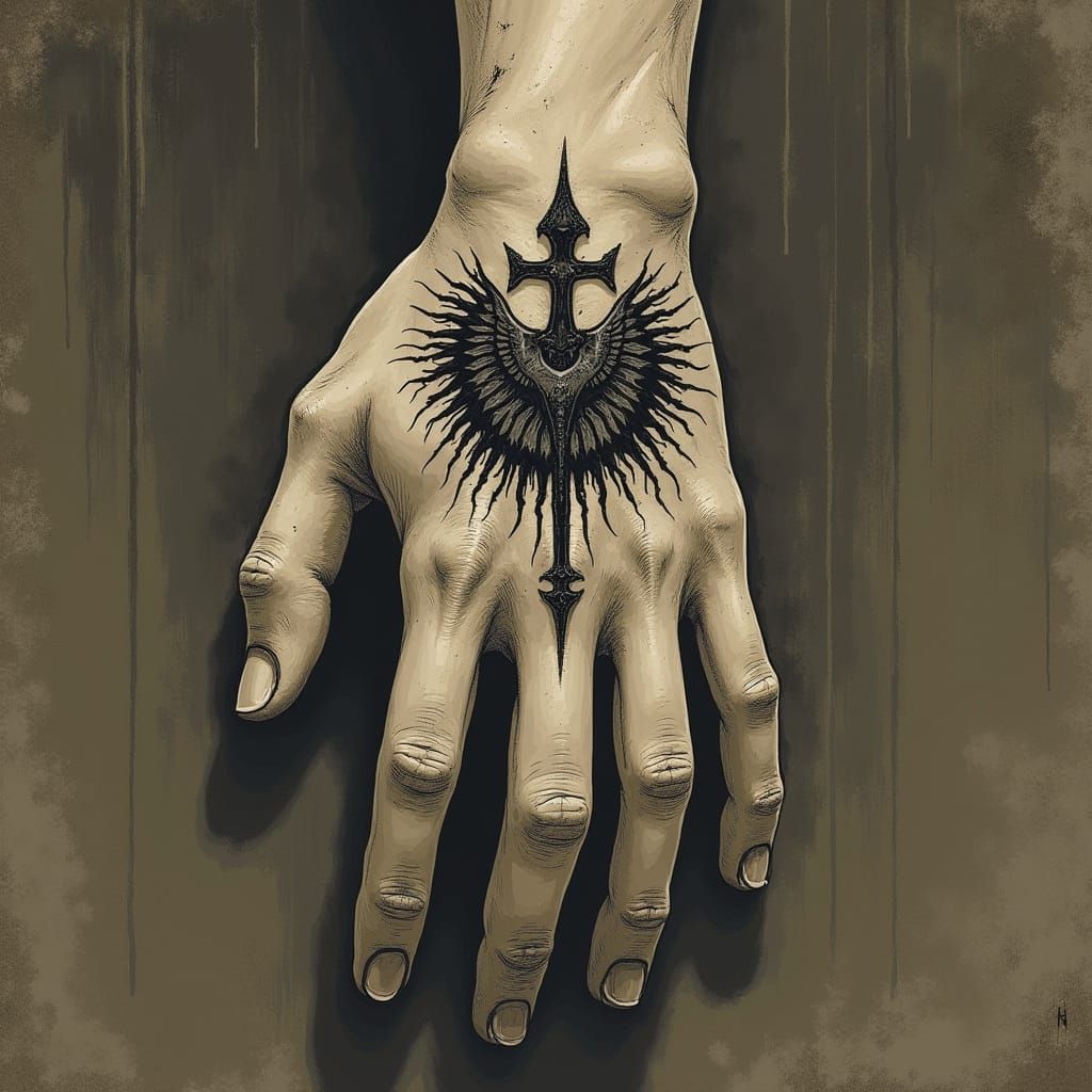 Sacrifice Insignia Hand Tattoo - Gritty Dark Fantasy Hand T...