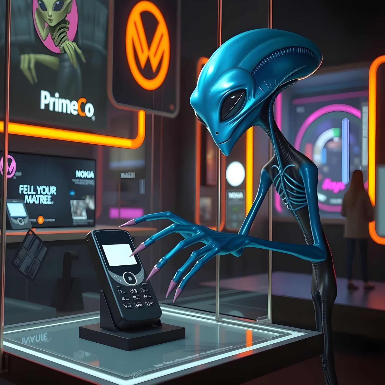 PrimeCo Alien Steals Nokia Phone in Futuristic Mus... - AI Art