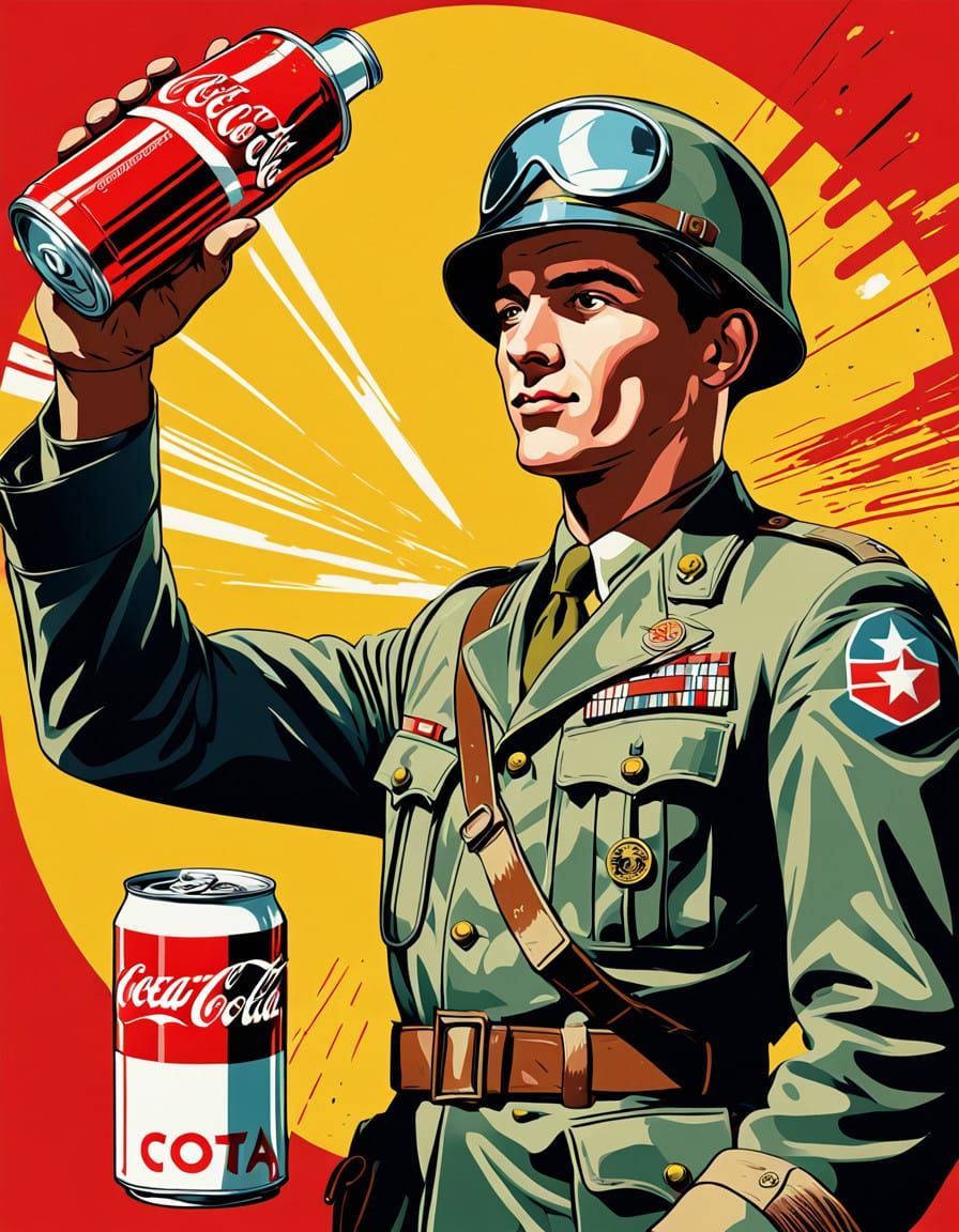 WWII Soldier in Pop Art Coca Cola Poster - AI Art