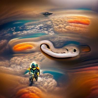 An astronaut snake that is in a spacesuit floating in space above a ...