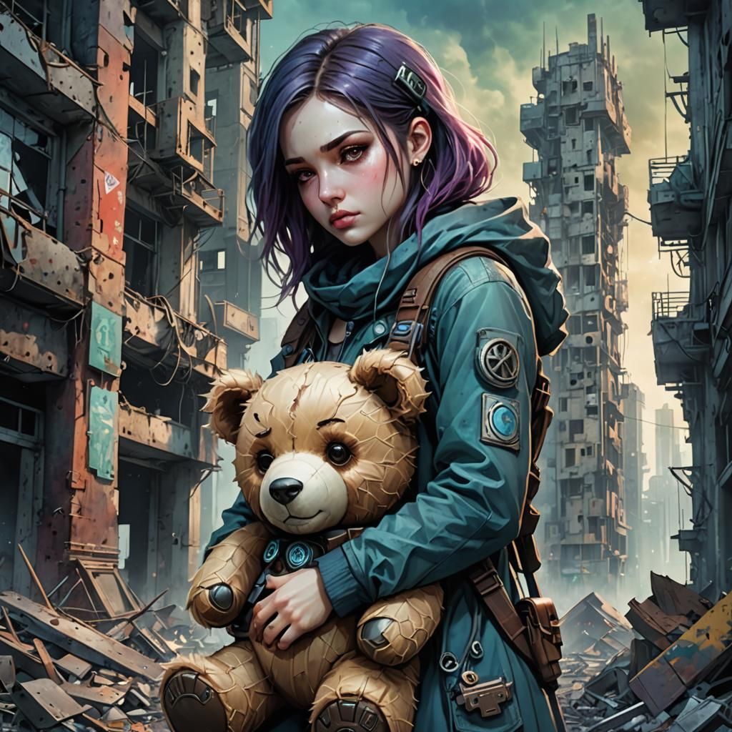 Post-apocalyptic girl with teddy - AI Generated Artwork - NightCafe Creator