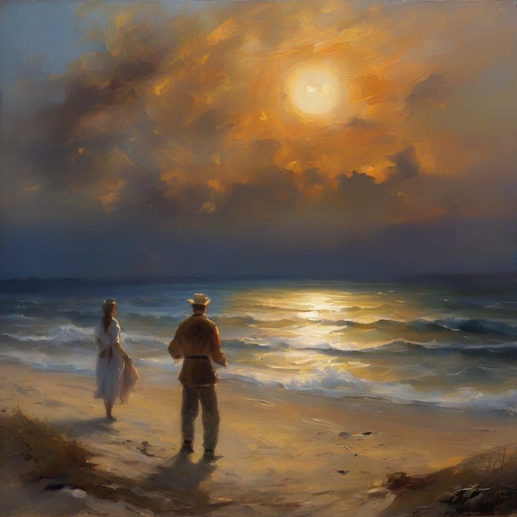 Sailor Returns Home Safely Under Golden Moonlight - AI Art