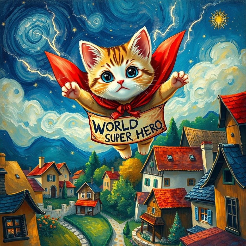 Wonder cat - Whimsical Flying Kitten in Red Cloak