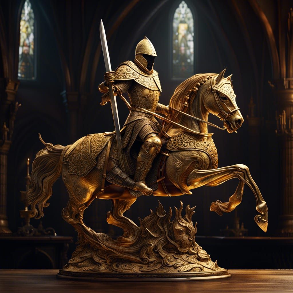 medieval, golden trophy of a knight riding a horse and holding a sword ...