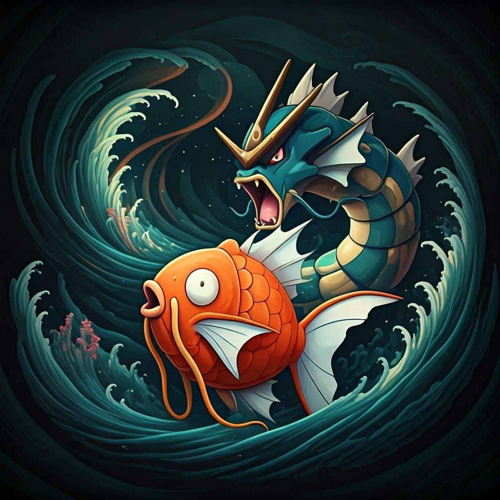 Magikarp and angry Gyarados - Traditional Ukiyo-e Print of M...