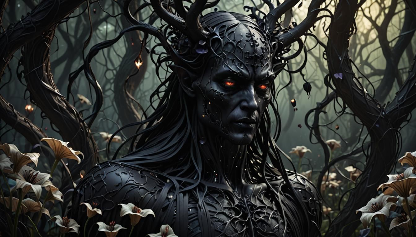 Nightshade - Ethereal Demon Amidst Black Lilies in Haunting ...
