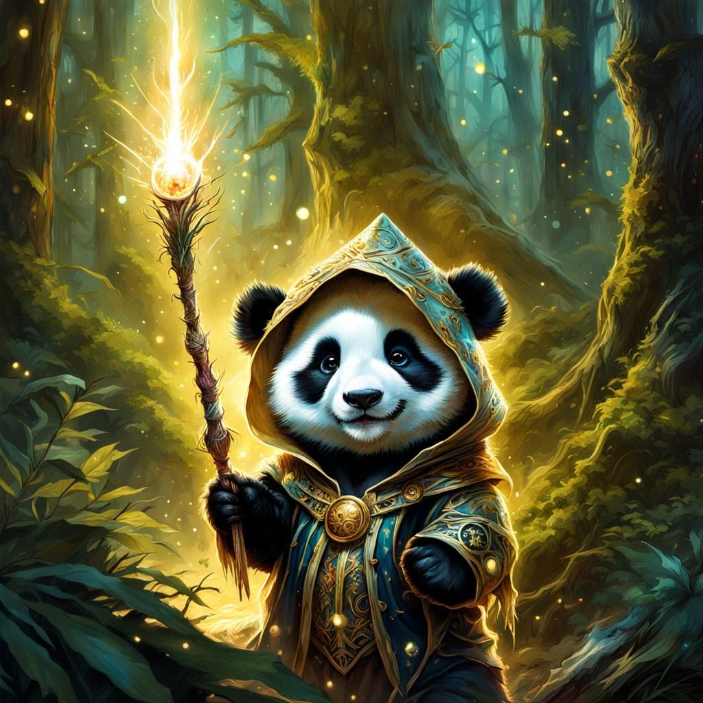 detailed supercute baby_Wizard_panda casting a spell with a wand in an ...