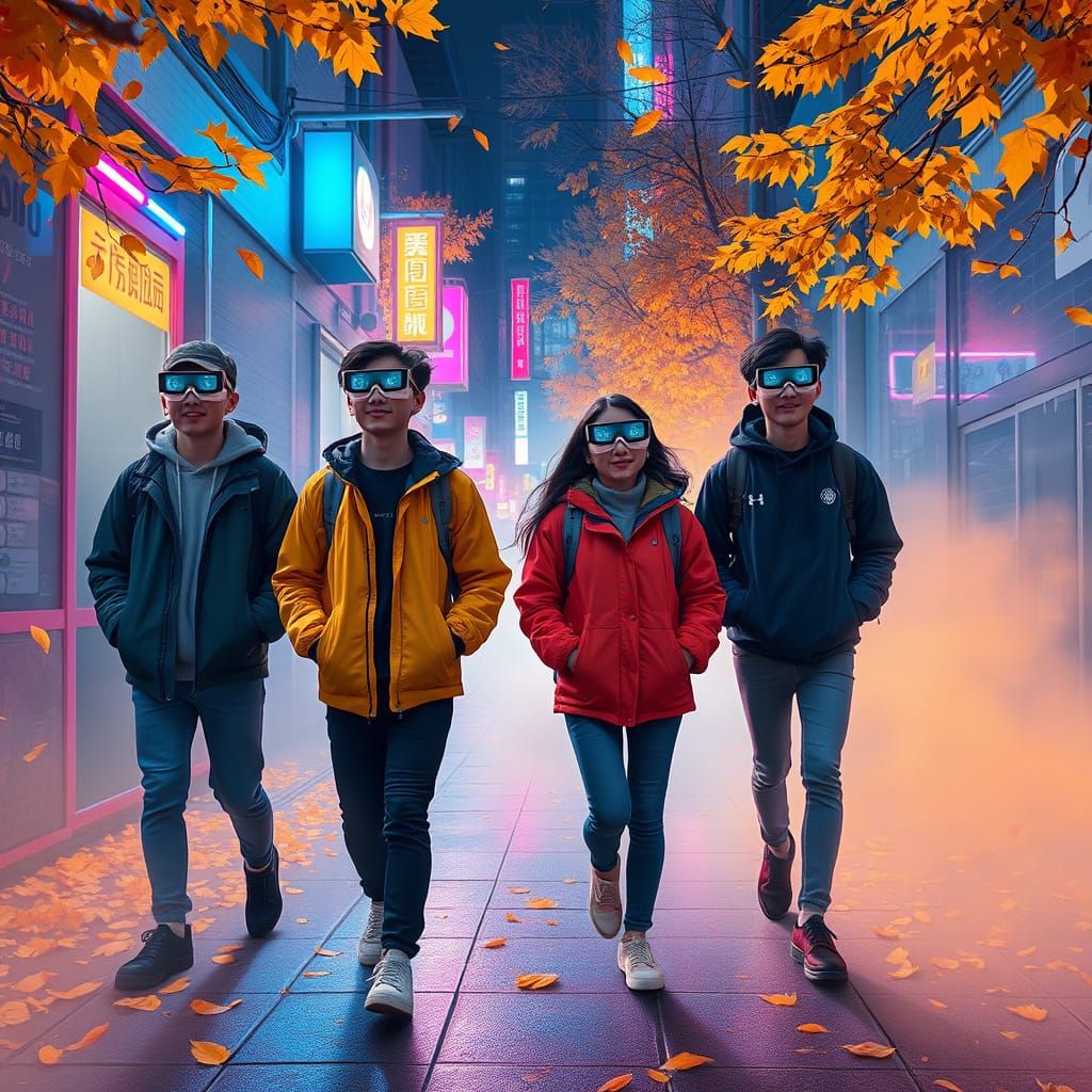 Cyberpunk Korean Alley in Autumn with AR Students - AI Art