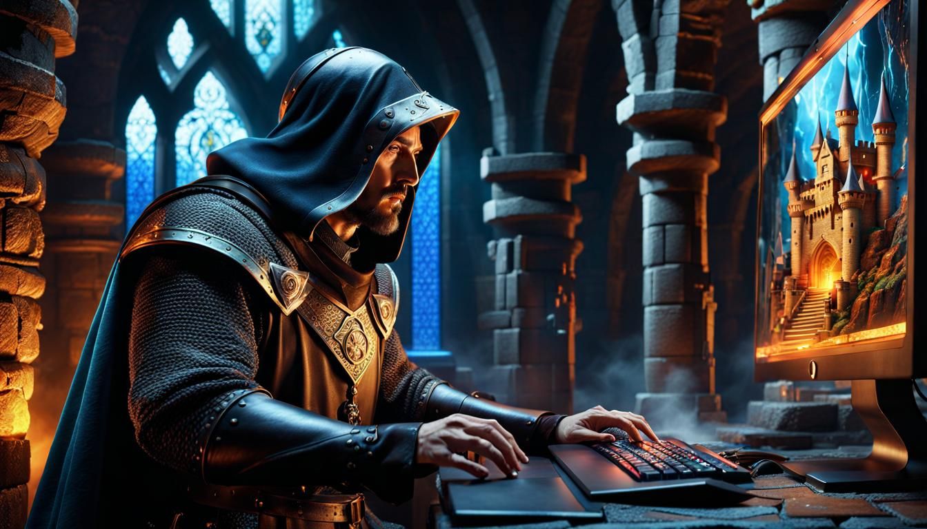 wizard using future technology, a modern computer, dungeon of a ...