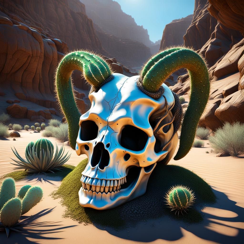 desert canyon with dry sandy rocky riverbed,bull skull with rattle ...