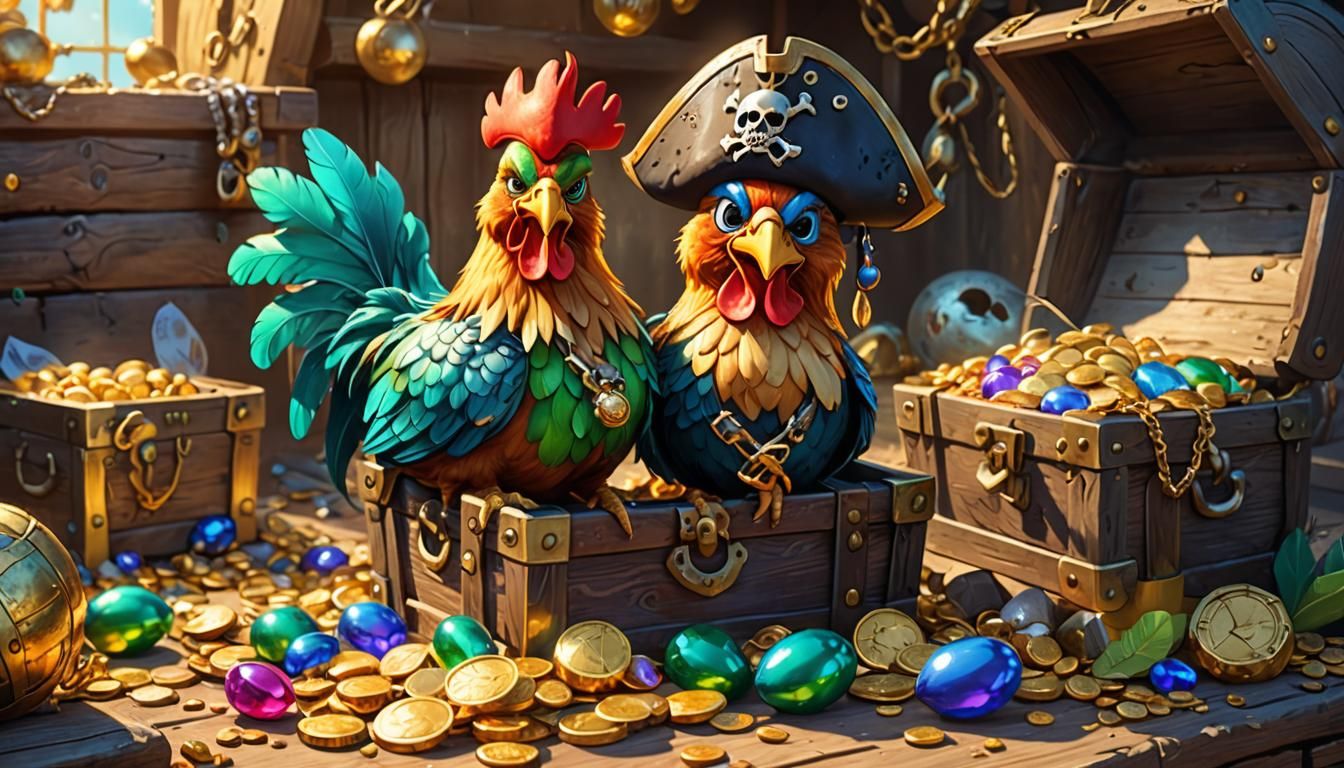 Pirate Chickens - Vibrant Pirate Chicken Lays Egg on Treasur...