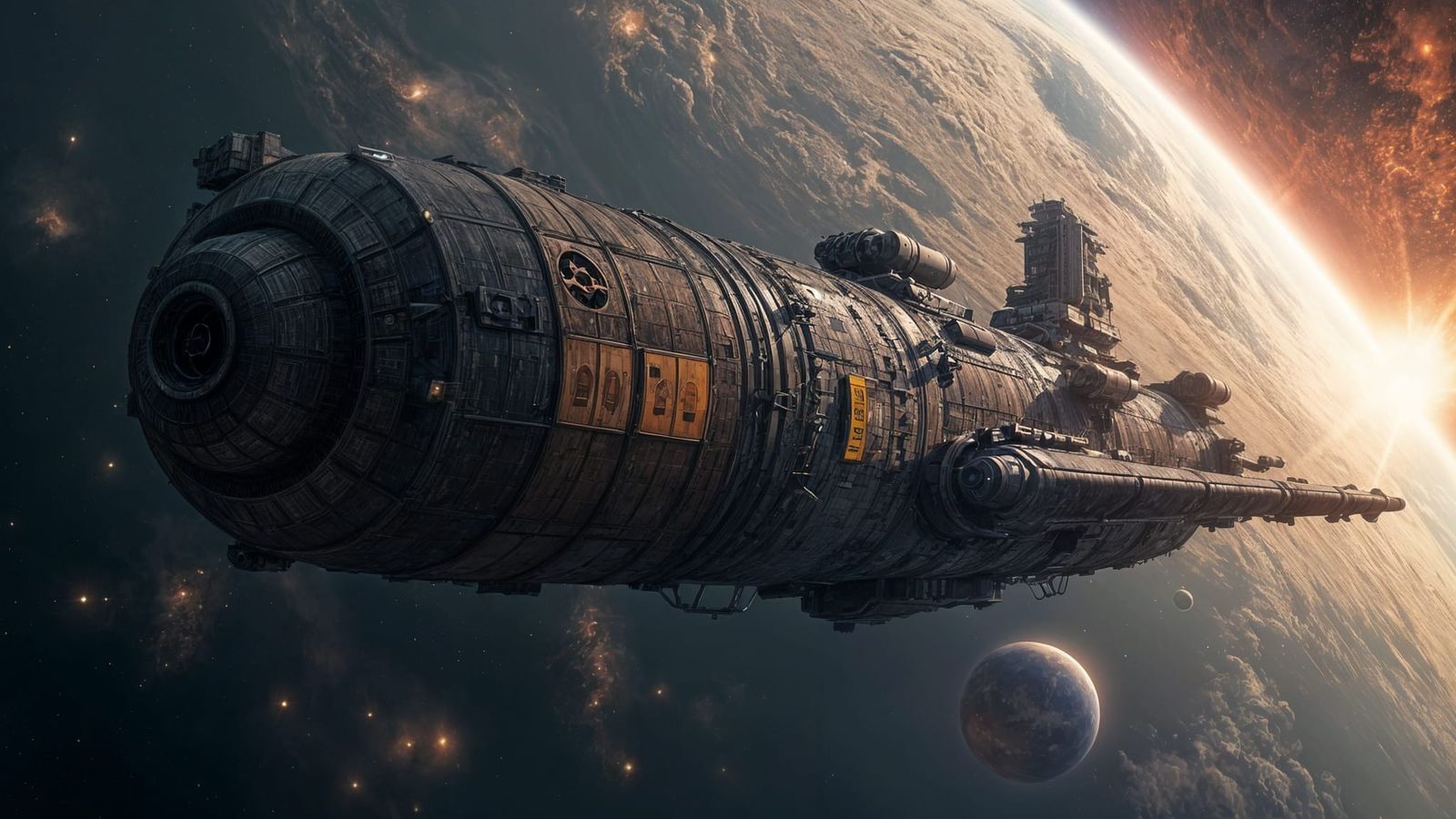 an enormous cargo futuristic spacecraft, rows and columns of cargo ...