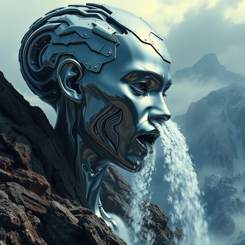 Chrome Female Waterfall - Surreal Chrome Head with Waterfall...
