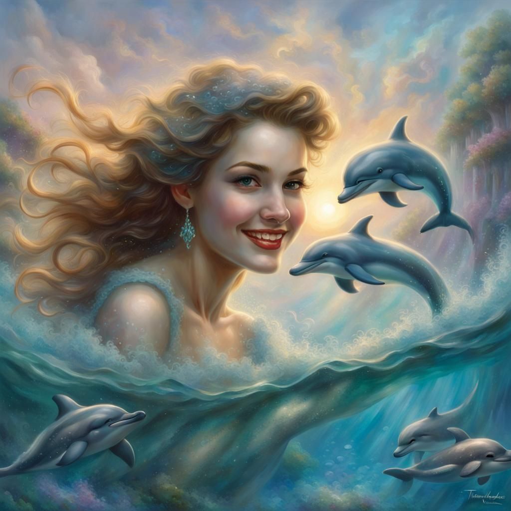a humanized dolphin girl swimming with other dolphins. she has a smile ...
