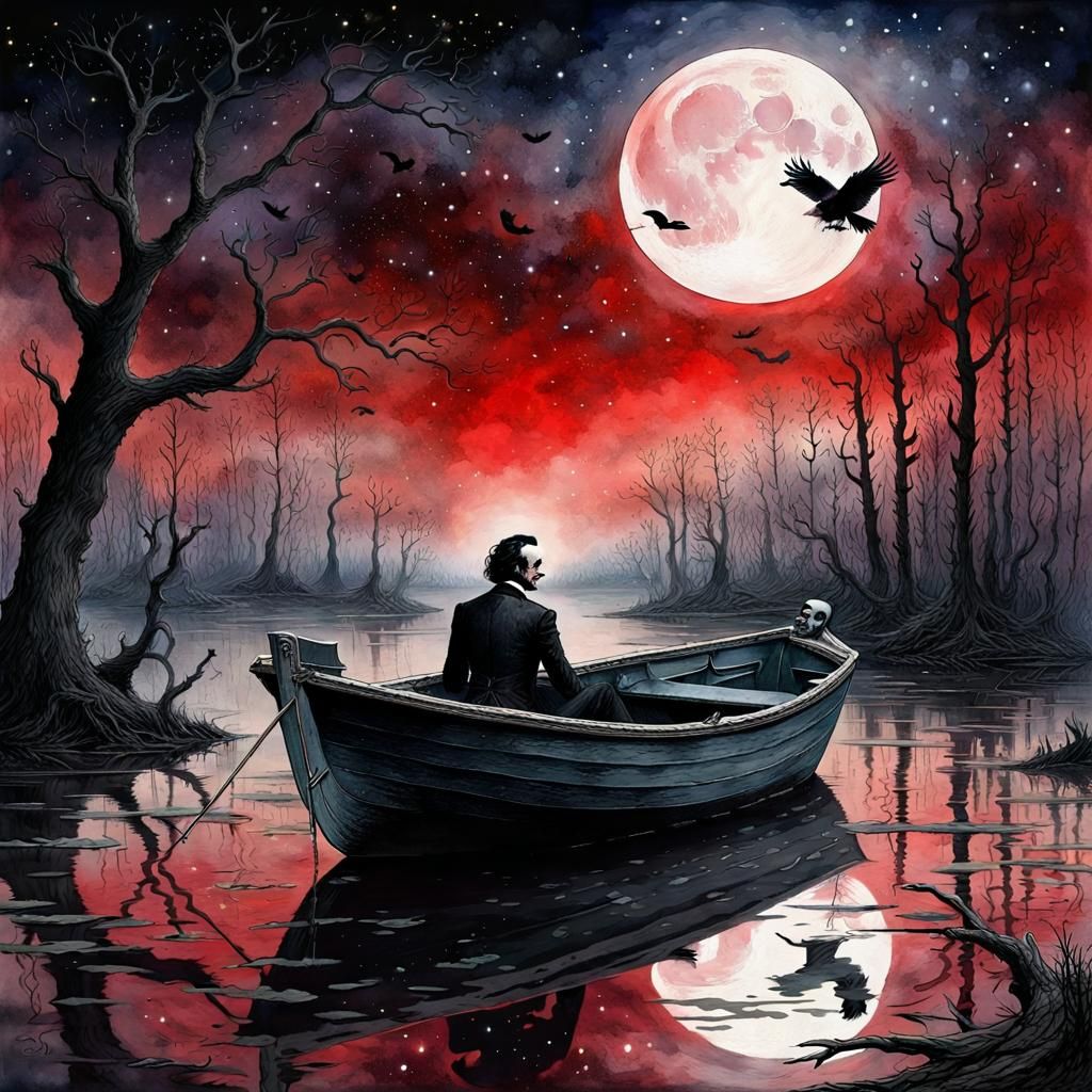 Soft watercolors painting of Edgar Allan Poe in a boat with a raven ...