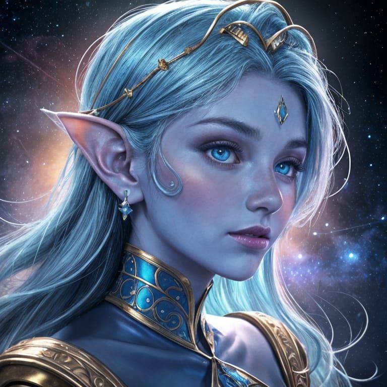 Ethereal Blue Elf Woman in a Starry Night Sky - AI Art