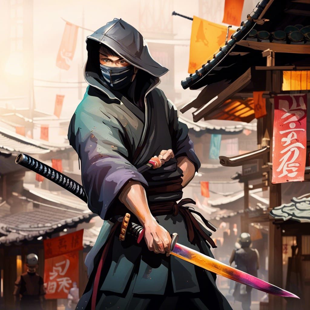 An epic renegade ninja looking at viewer in a busy 18th century ...