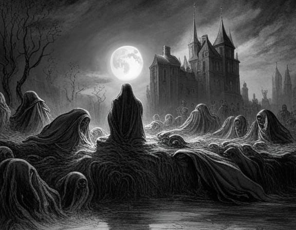 ghouls, spirits, soul, Ghosts floating around on a misty night with the ...