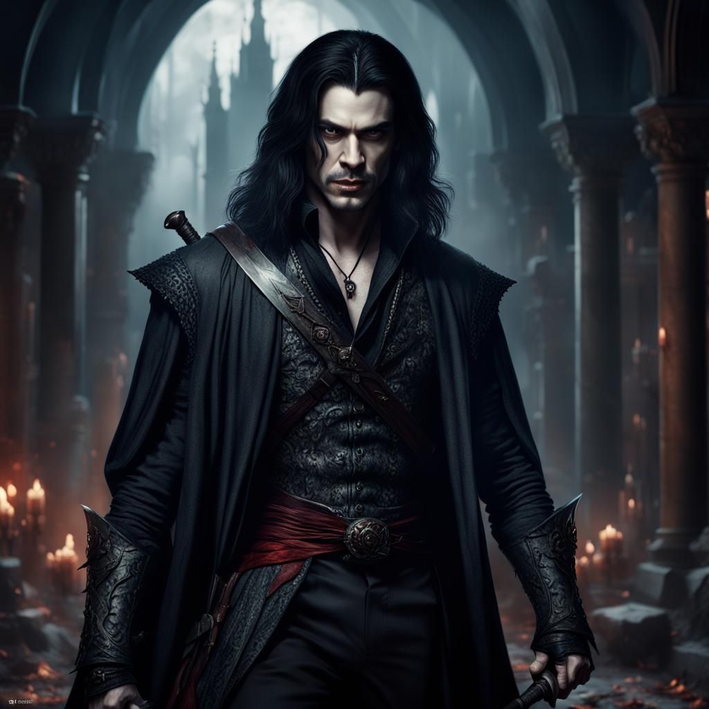 Dark and mysterious young handsome Male Vampire with long black hair ...