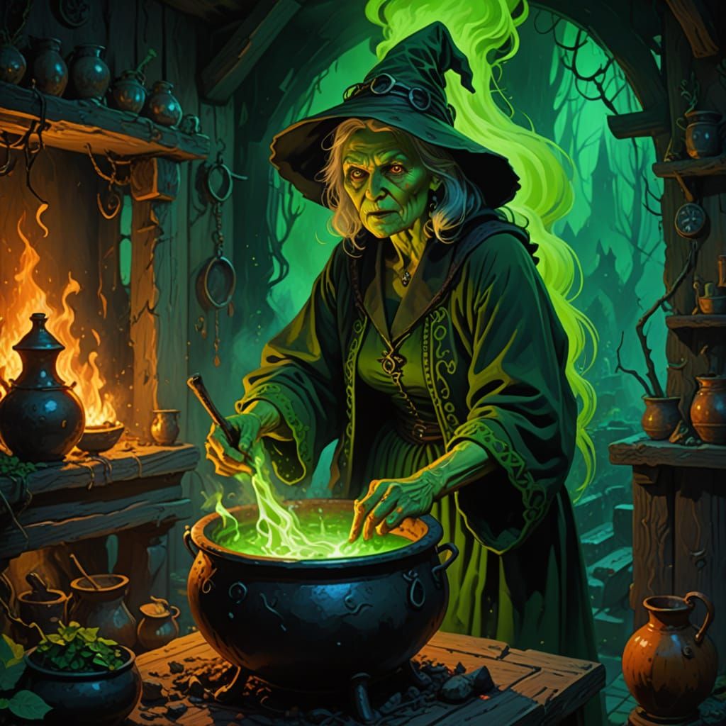 Surreal Witch Brews Cauldron in Russian Hut, Dark ... - AI Art