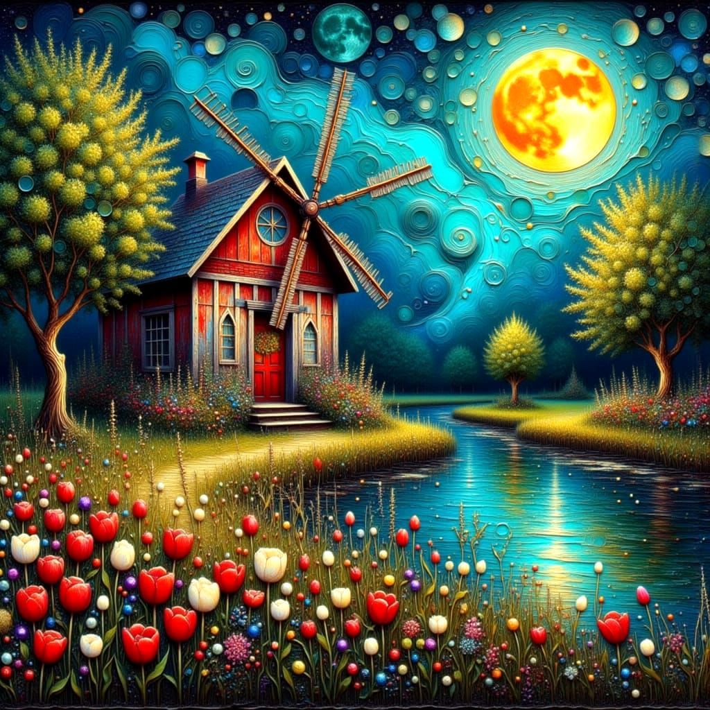 Moonlit Windmill Scene in Vibrant Impasto Colors - AI Art