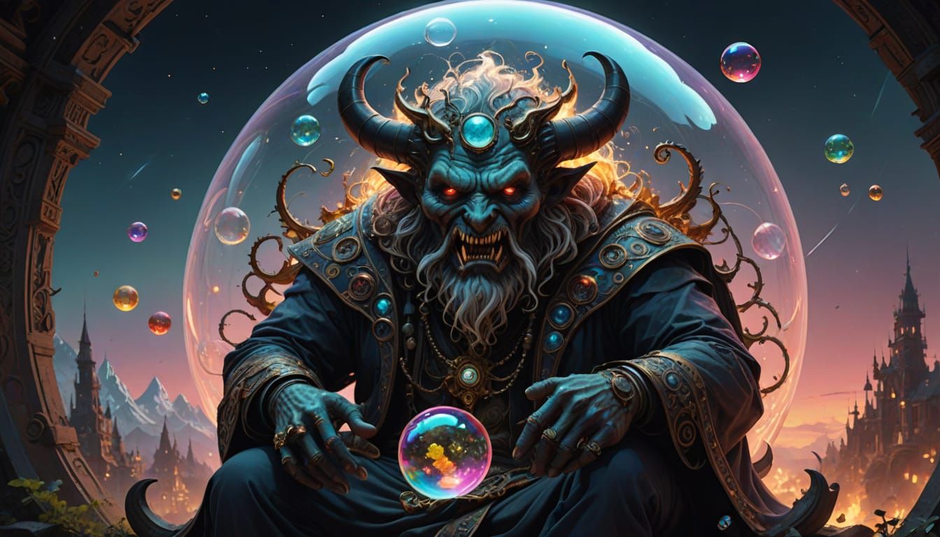 Glowing Soap Bubble Supports a Rotund, Grotesque D... - AI Art