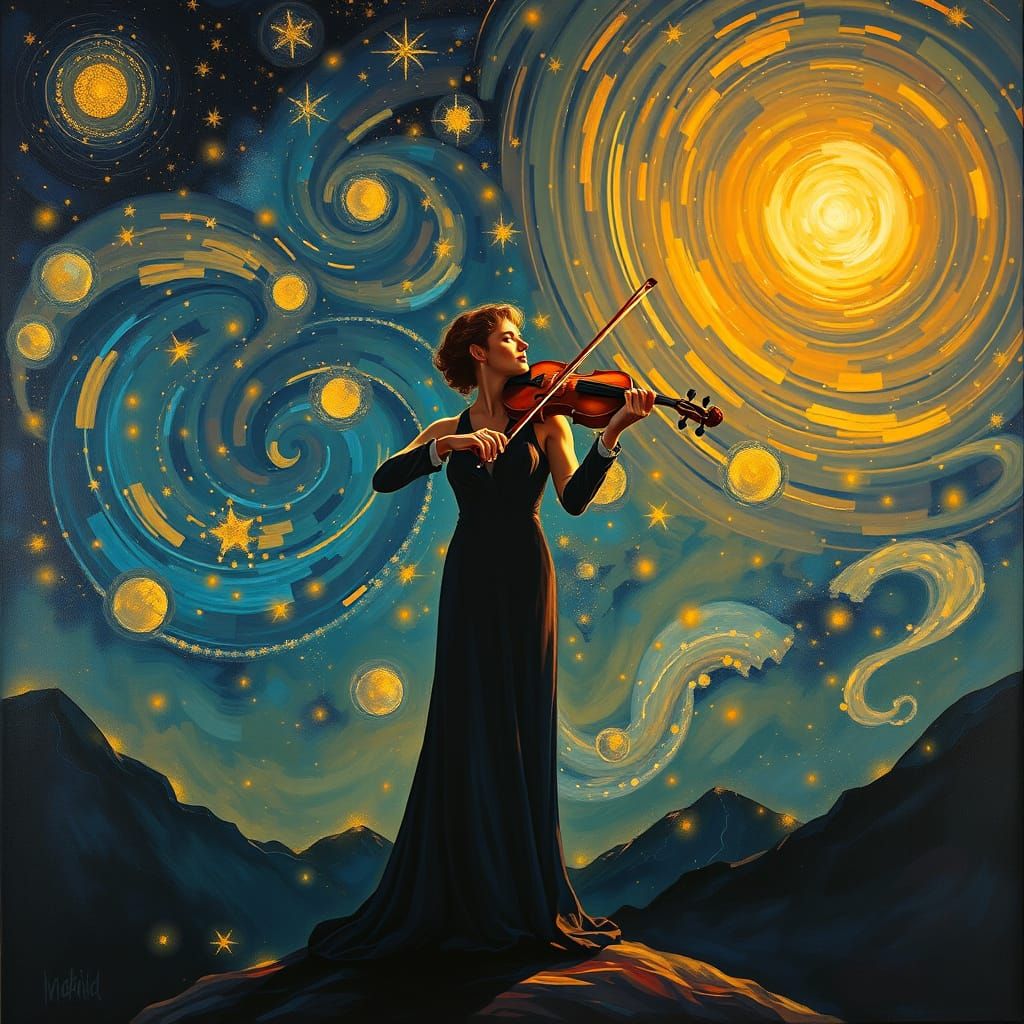 musician playing a violin under a starry night sky, their form bathed ...