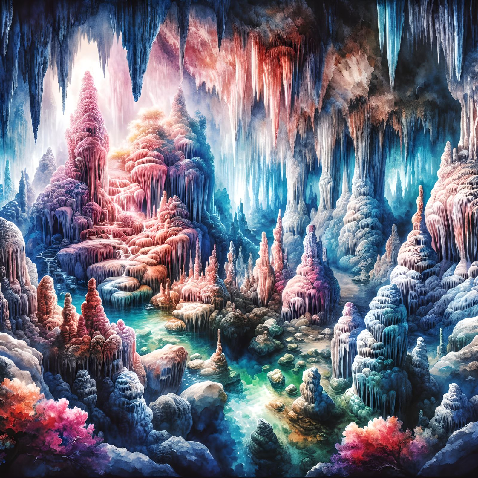 Watercolor painting of an undersea cavern with stalagmites and ...