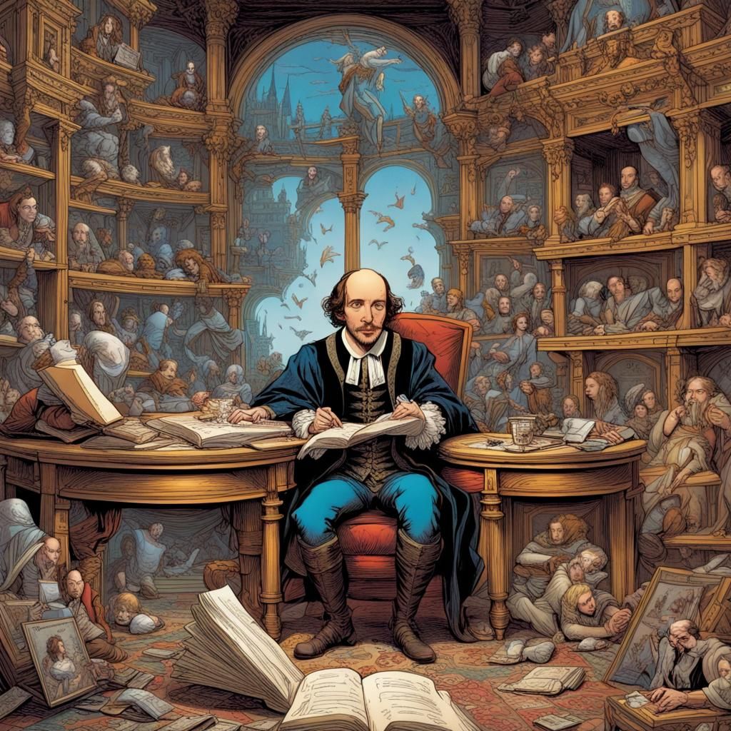 Shakespeare surrounded by vignettes of his plays by Mœbius, bande ...