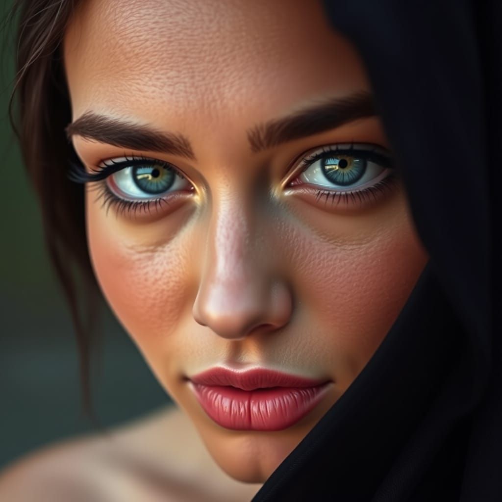 Sensual Woman with Blue Eyes and Dark Skin Captiva... - AI Art